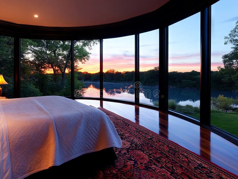 A Bedroom with a Large Bed and a View of a Lake Stock Image - Image of ...