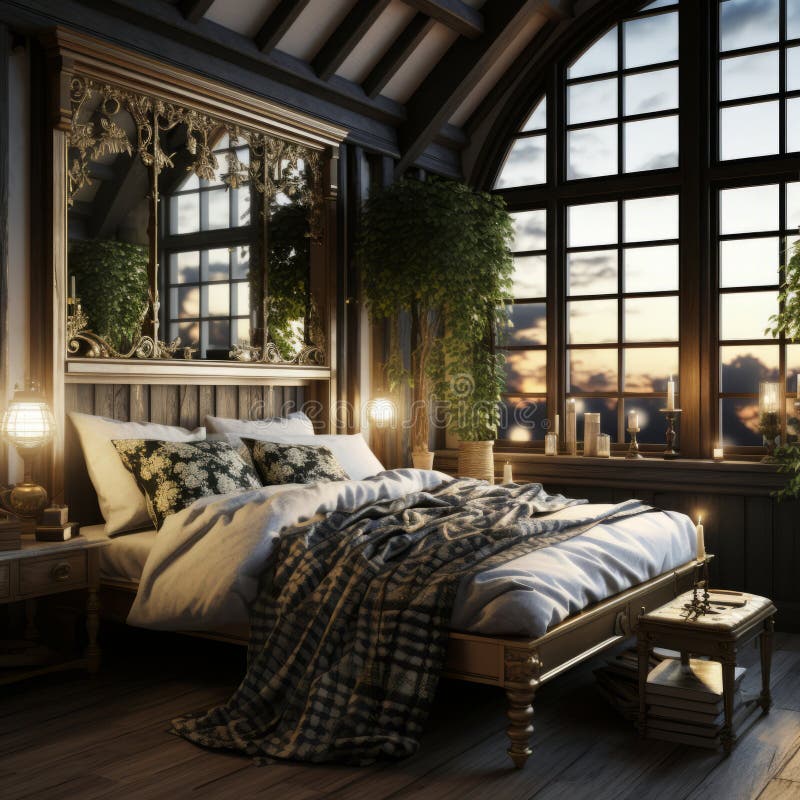 A Bedroom with a Large Bed and a Large Window Stock Illustration ...