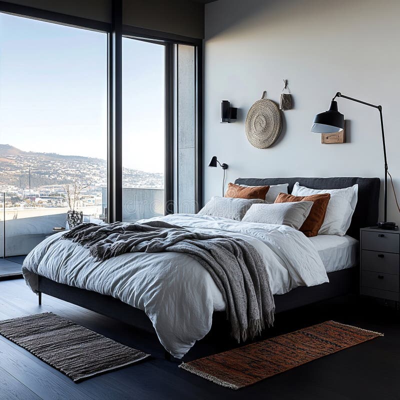 A Bedroom with a Large Bed and a Large Window Stock Image - Image of ...