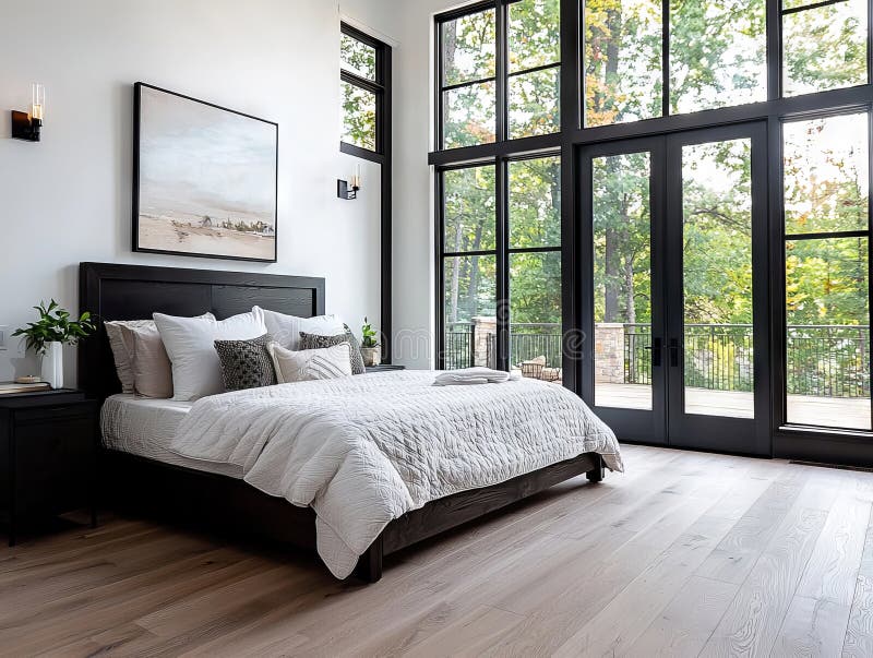 A Bedroom with a Large Bed and a Large Window Stock Image - Image of ...