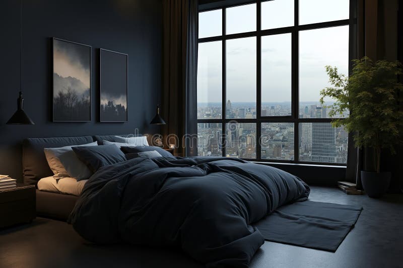 A Bedroom with a Large Bed and a Large Window Stock Image - Image of ...