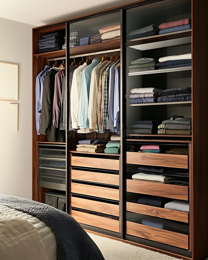 A Bedroom with a Large Closet with Many Clothes and a Bed Stock Image ...