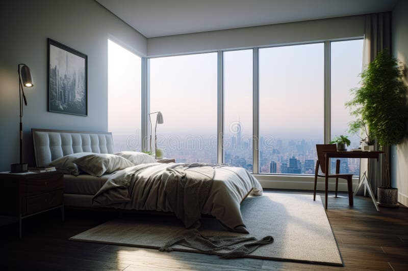 Bedroom with Large Window and Bed with Blanket on it. Generative AI ...