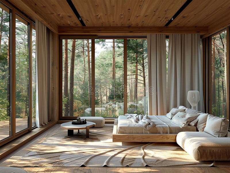 A Bedroom with Large Windows Overlooking the Forest Stock Illustration ...