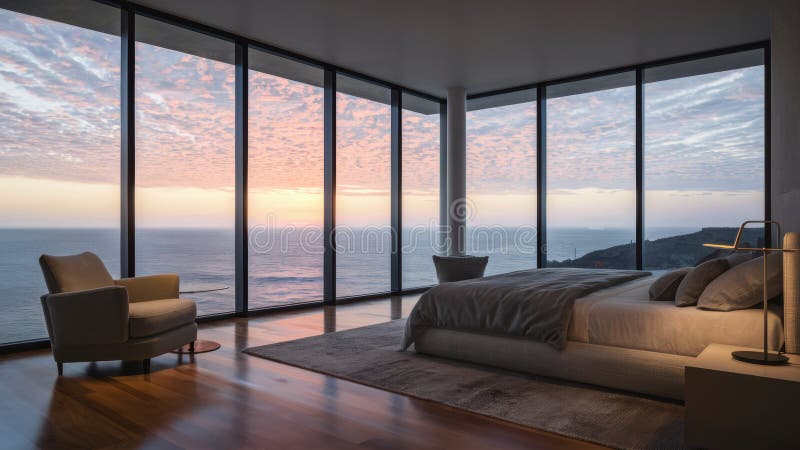 A Bedroom with Large Windows Overlooking the Ocean and a Bed, AI Stock ...