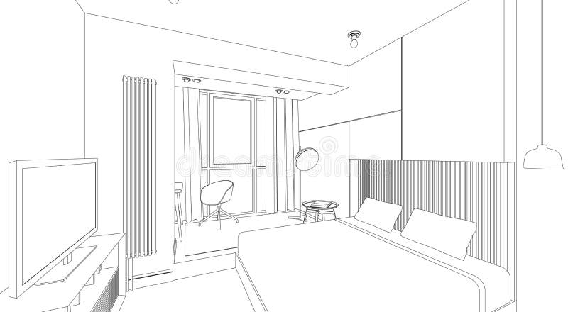 Interior line drawing. stock vector. Illustration of furniture - 63913756