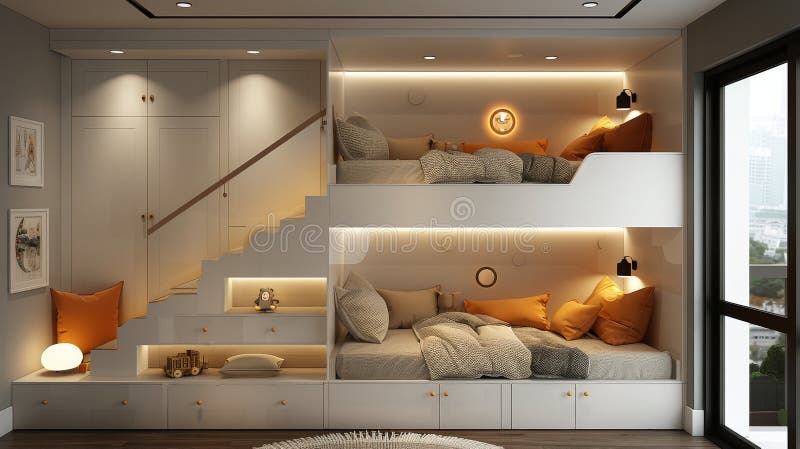 Bedroom with Loft Bed and Stairs Stock Photo - Image of practical ...
