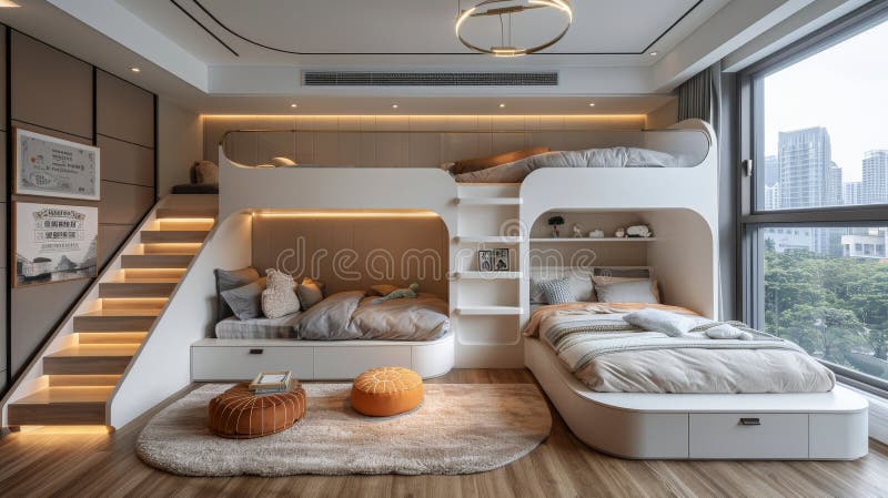 Bedroom with Loft Bed and Stairs Stock Photo - Image of furniture ...