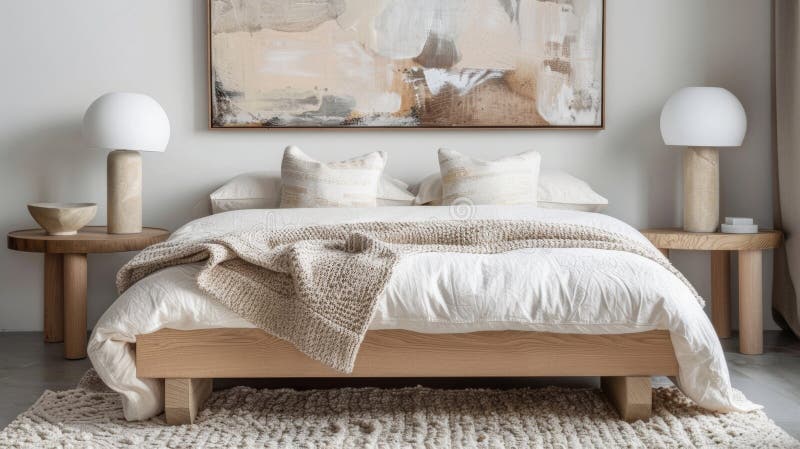 In the Bedroom a Low Platform Bed is Dressed with Crisp White Bedding ...