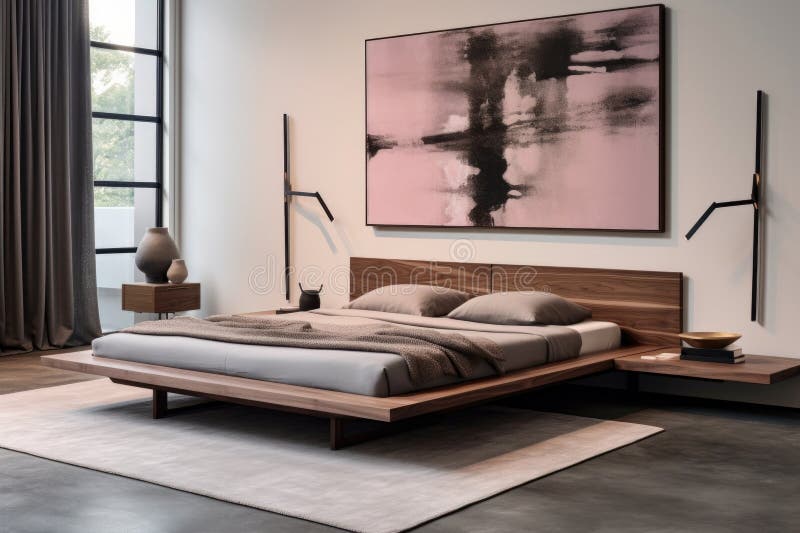A Bedroom with a Low-profile, Walnut Bed Frame and Minimalist Side ...