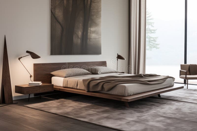 A Bedroom with a Low-profile, Walnut Bed Frame and Minimalist Side ...