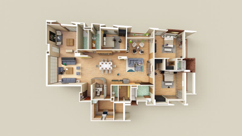 Three Bedroom Family Apartment Axonometric Interior Typical Floor Plan Stock Illustration ...