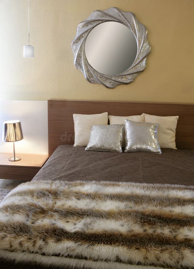 Bedroom Modern Silver Mirror Fake Fur Blanket Stock Photo - Image of ...