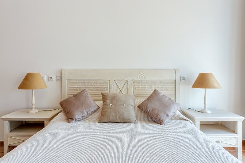 Bedroom in Modern Style with Bed and Pillows. Front View Stock Image ...