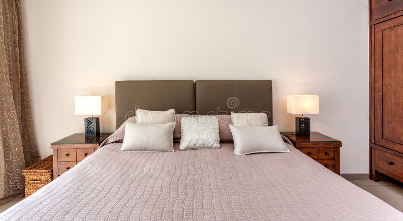 Bedroom in Modern Style with Bed and Pillows. Front View. Stock Image ...