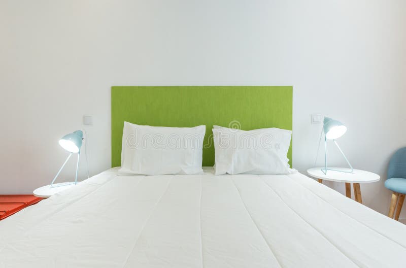 Bedroom in Modern Style with Bed and Pillows. Front View. Stock Photo ...