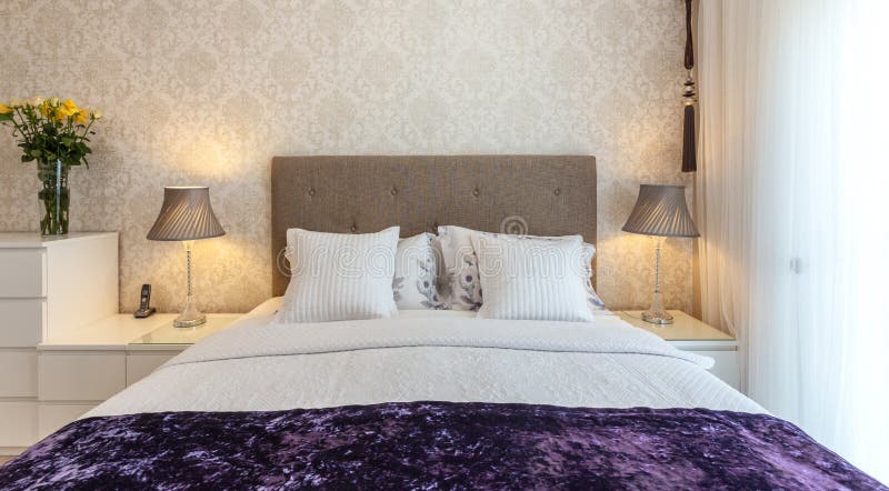 Bedroom in Modern Style with Bed and Pillows. Front View. Stock Photo ...