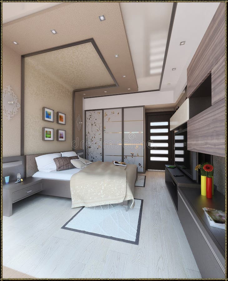 Bedroom Modern Style Interior Design, 3D Render Stock Illustration ...