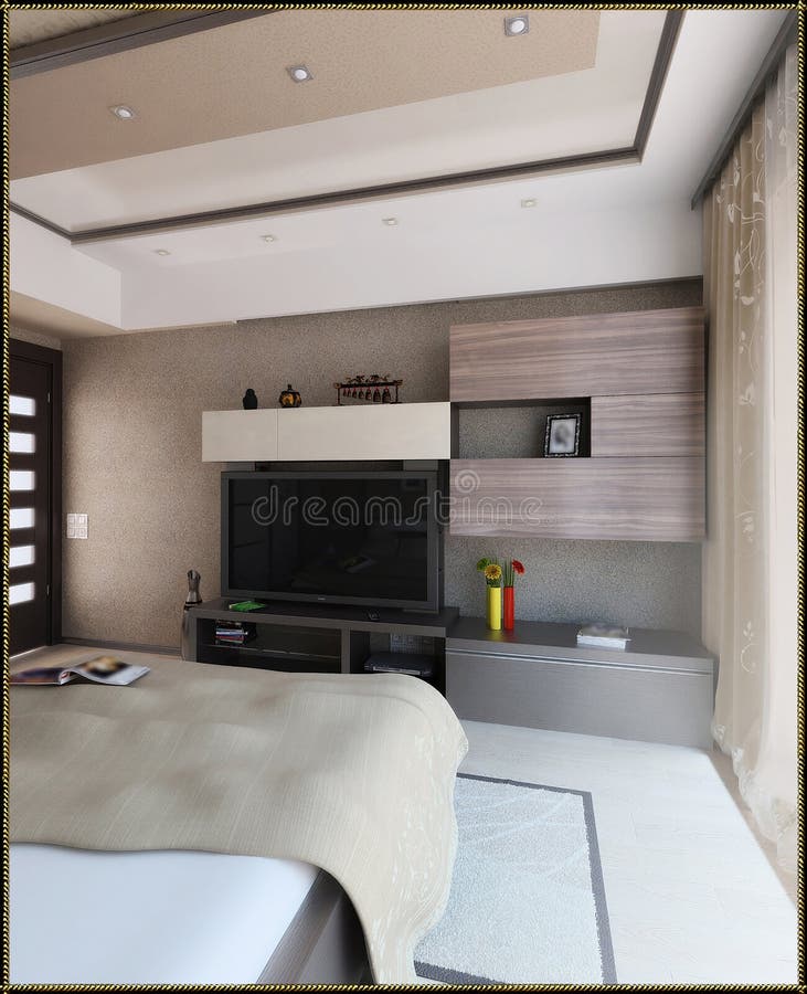 Bedroom Modern Style Interior Design, 3D Render Stock Illustration ...