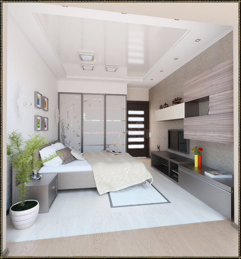 Bedroom Modern Style Interior Design, 3D Render Stock Illustration ...