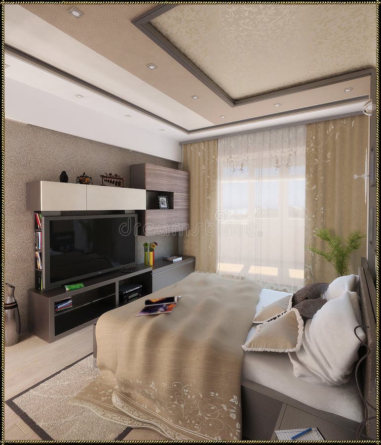 Bedroom Modern Style Interior Design, 3D Render Stock Illustration ...