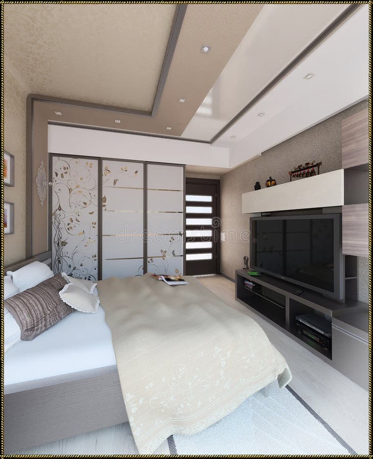 Bedroom Modern Style Interior Design, 3D Render Stock Illustration ...