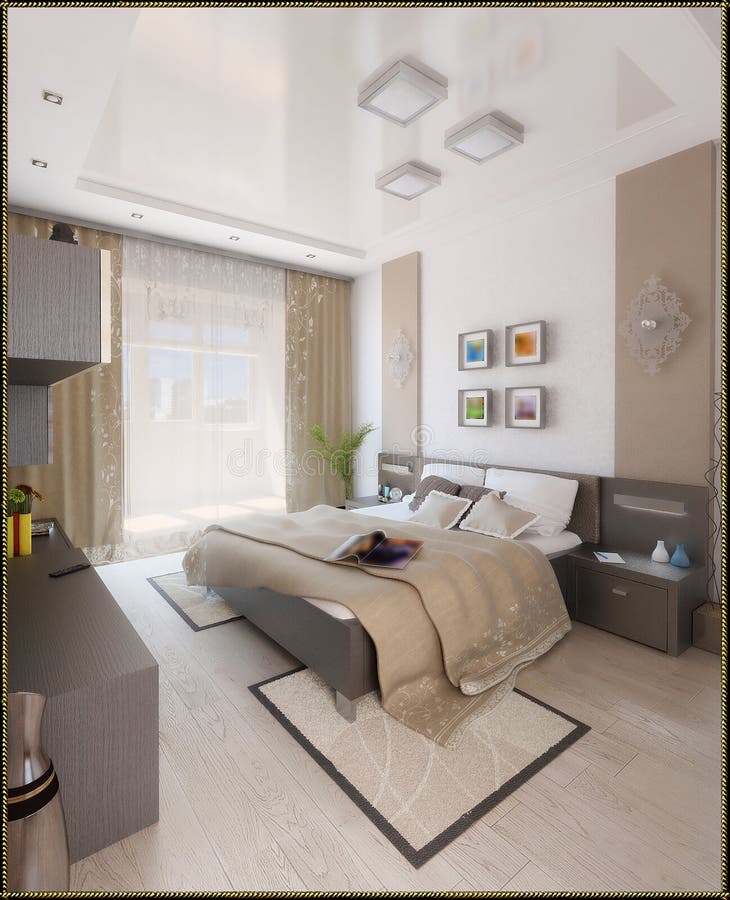 Bedroom Modern Style Interior Design, 3D Render Stock Illustration ...