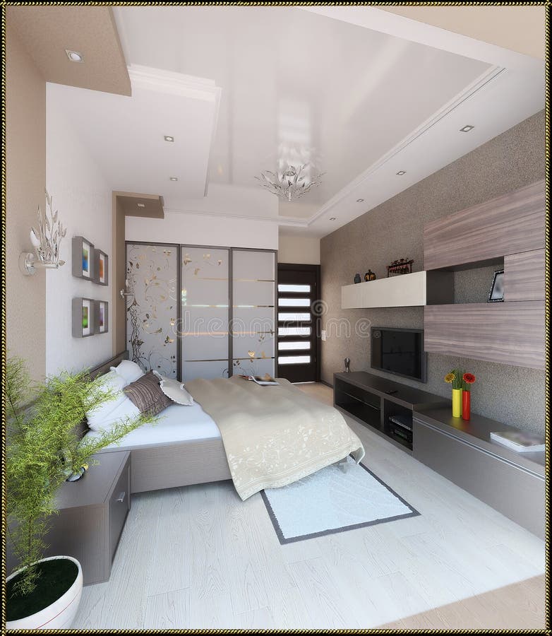 Bedroom Modern Style Interior Design, 3D Render Stock Illustration ...