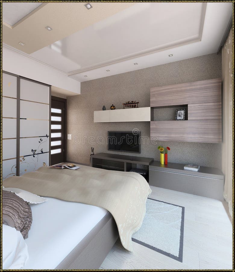 Bedroom Modern Style Interior Design, 3D Render Stock Illustration ...