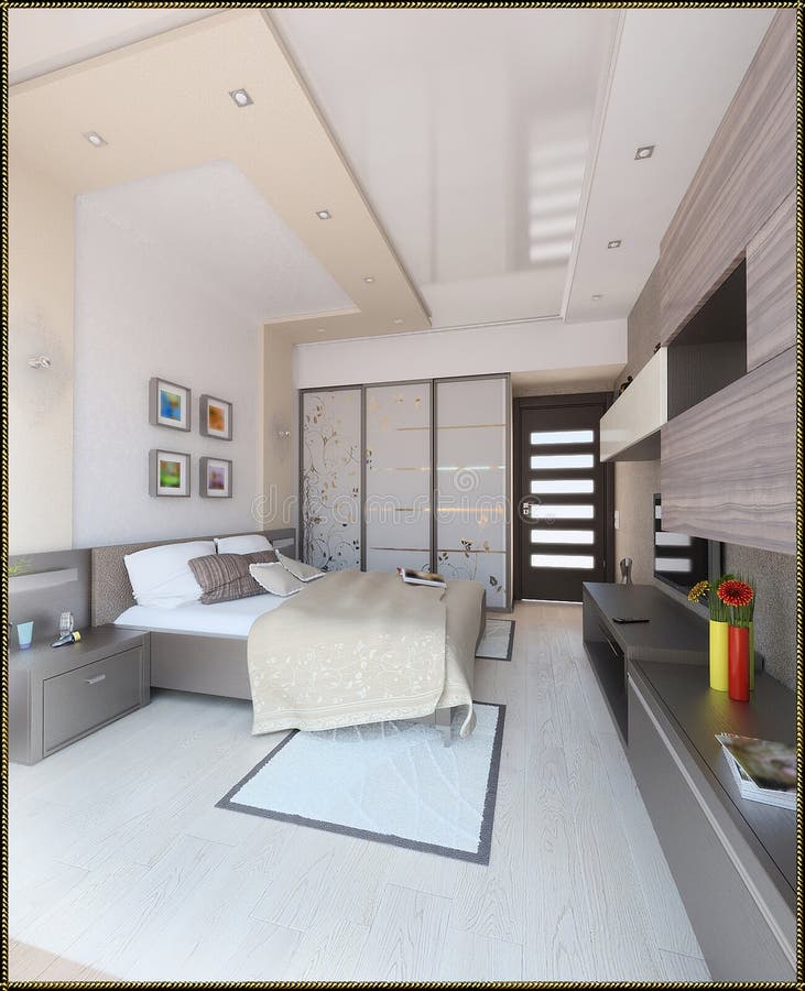 Bedroom Modern Style Interior Design, 3D Render Stock Image - Image of ...