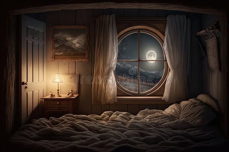 A Bedroom, with the Moon Shining through the Window, and a Cozy ...