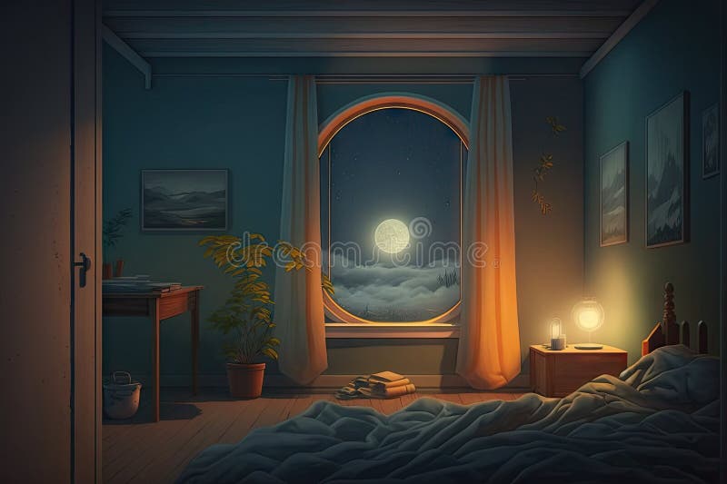 A Bedroom, with the Moon Shining through the Window, and a Cozy ...