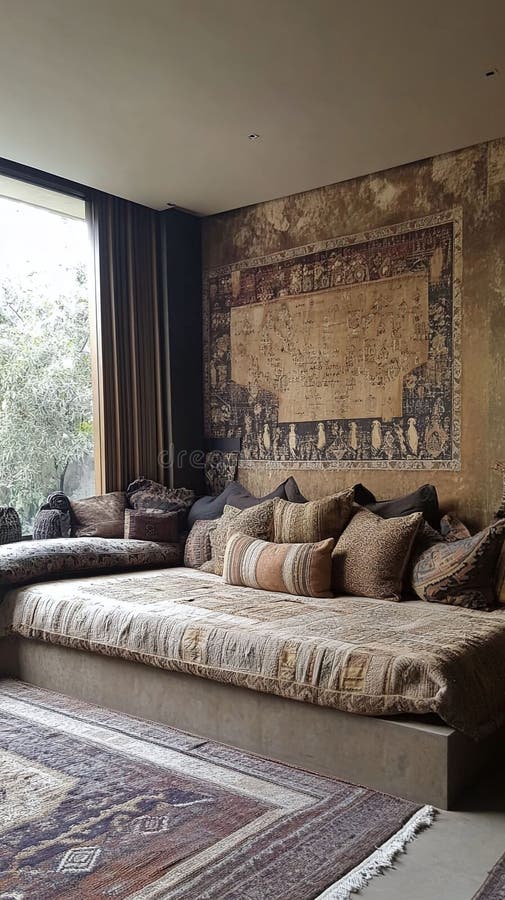 A Bedroom with Muted Colors Boho Wall Art and a Large Window Seat ...