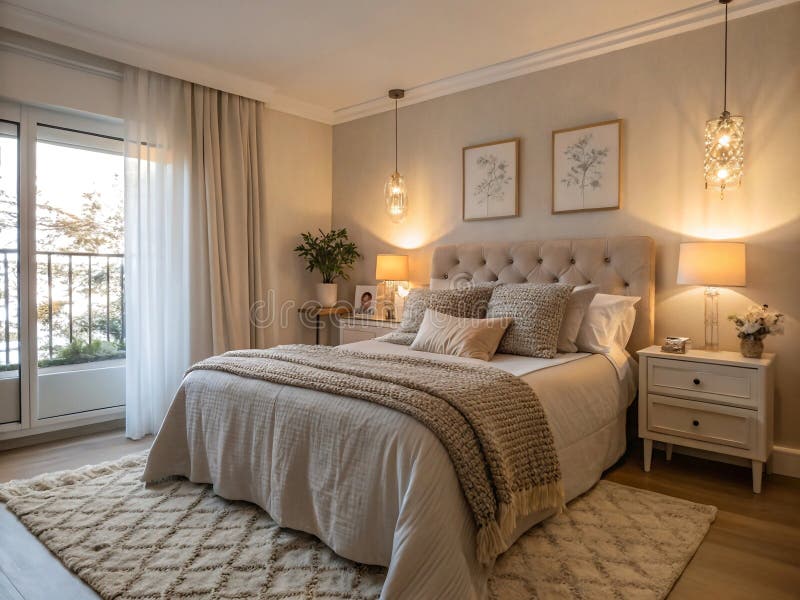 Bedroom with Neutral Tones, Soft Lighting, and Textured Bedding Stock ...