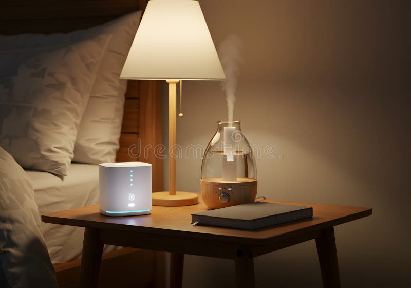 Bedroom Nightstand with Diffuser and Lamp Stock Illustration ...