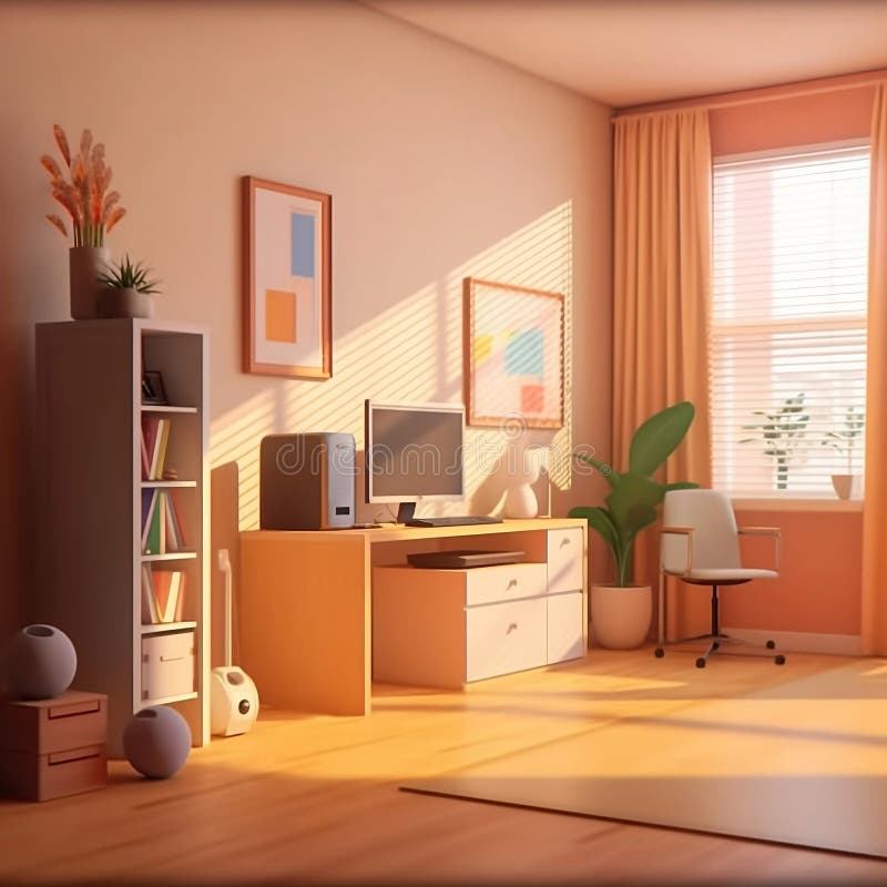 Bedroom Office with Computer Desk and Monitor Stock Illustration ...