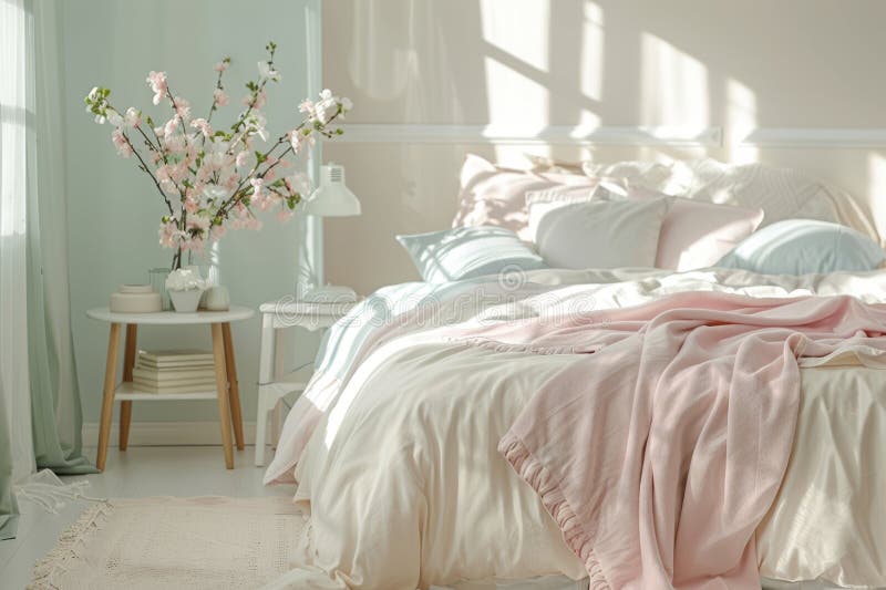 Bedroom with Pastel Colored Bedding. Comfortable Bed in Light Bedroom ...