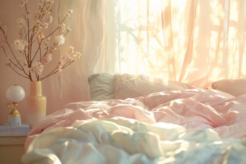 Bedroom with Pastel Colored Bedding. Comfortable Bed in Light Bedroom ...