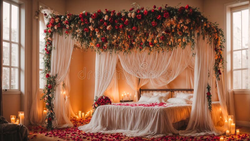 Bedroom with Rose Flowers, Candles Beauty Stock Illustration ...