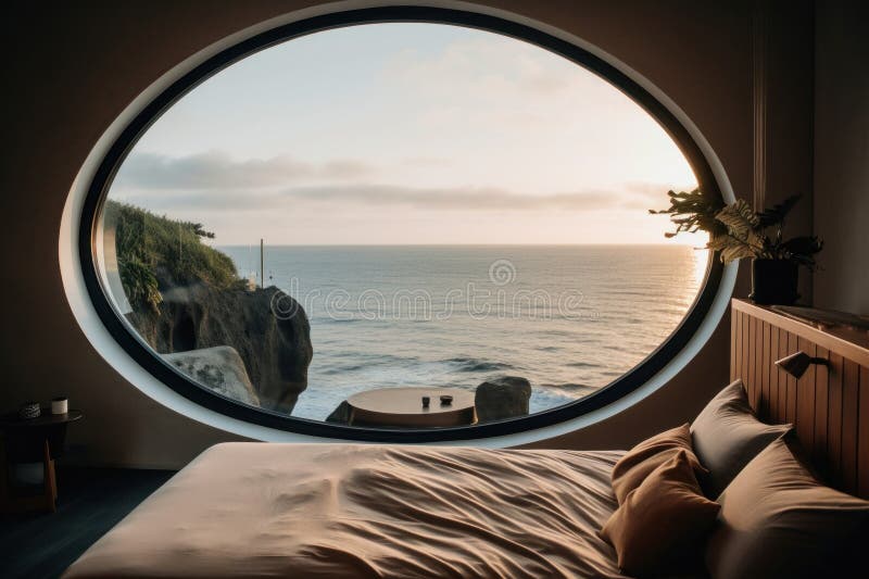 A Bedroom with a Round Window Overlooking the Ocean. Generative AI ...