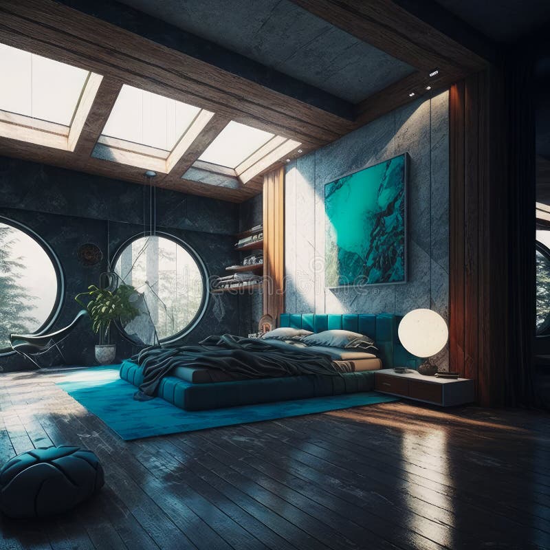 Bedroom with Round Windows and Large Bed. Generative AI Stock ...