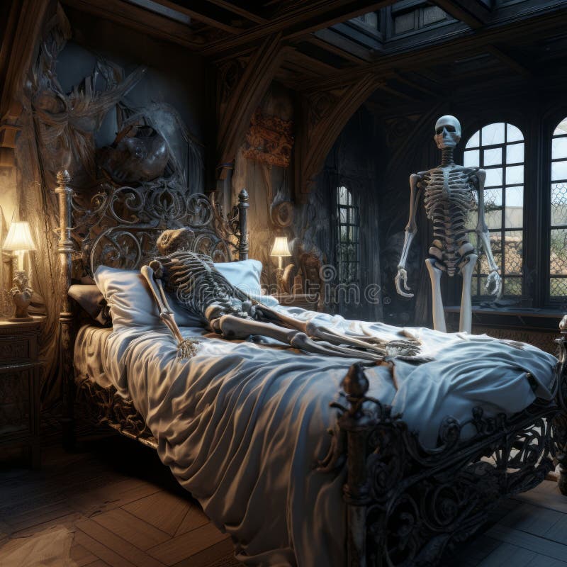 A Bedroom with a Skeleton on the Bed and a Skeleton on the Floor Stock ...