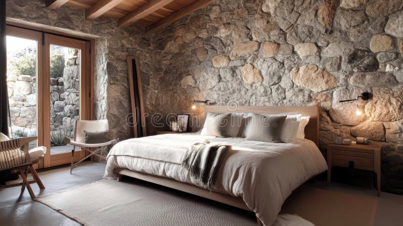 A Bedroom with a Stone Wall and a Bed Stock Illustration - Illustration ...