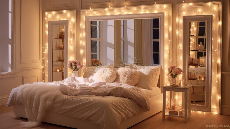 Bedroom String Lights Frame Stock Illustration - Illustration of decor ...