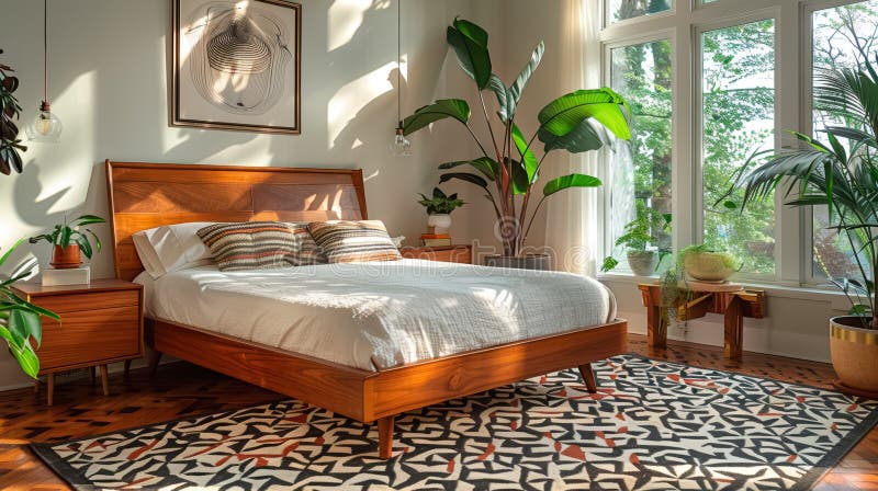 A Bedroom with a Teak Wood Bed Frame, a Geometric Patterned Rug Stock ...