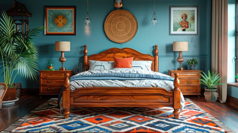A Bedroom with a Teak Wood Bed Frame, a Geometric Patterned Rug Stock ...