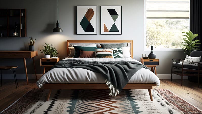 A Bedroom with a Teak Wood Bed Frame, a Geometric Patterned Rug ...
