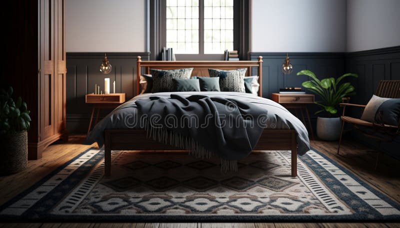 A Bedroom with a Teak Wood Bed Frame, a Geometric Patterned Rug ...