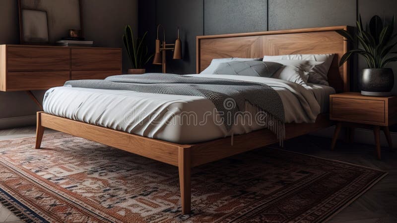 A Bedroom with a Teak Wood Bed Frame, a Geometric Patterned Rug ...