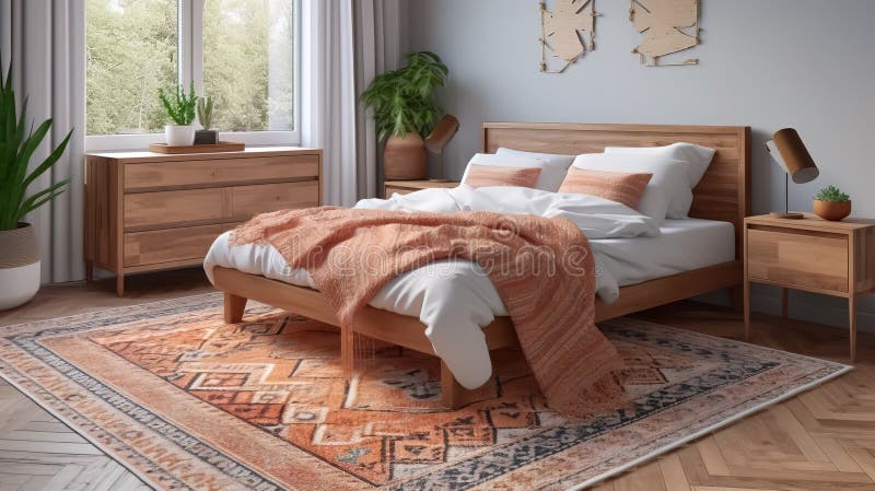 A Bedroom with a Teak Wood Bed Frame, a Geometric Patterned Rug ...
